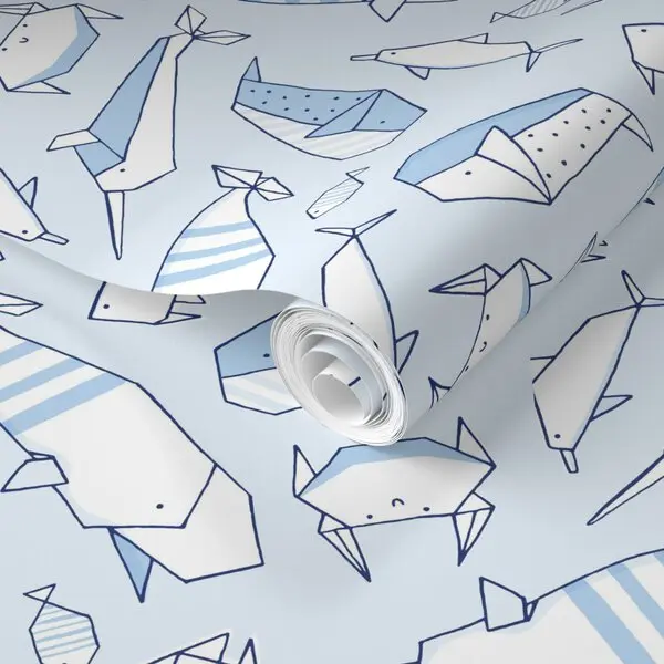 Spoonflower Origami Whales Crafts Nautical Fish New Traditional Wallpaper - Blue