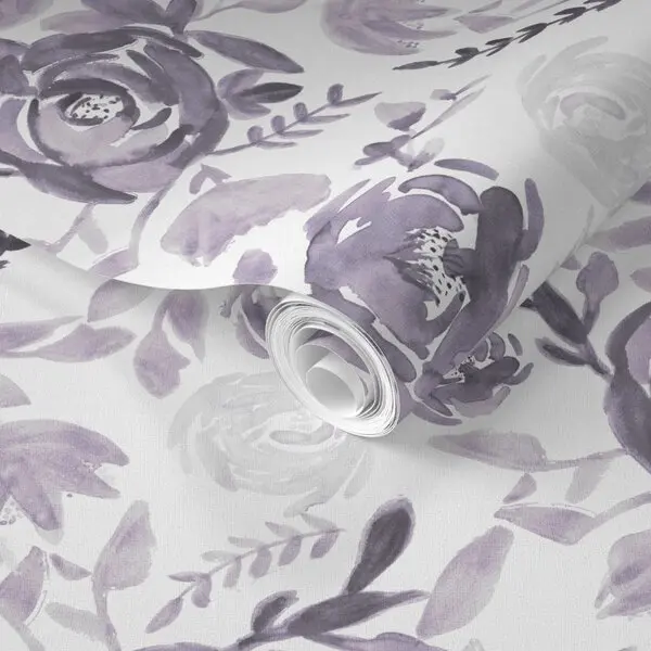 Spoonflower Soft Gray Purple Watercolor Peony Botanical Garden Custom Removable Wallpaper - Purple,white,gray