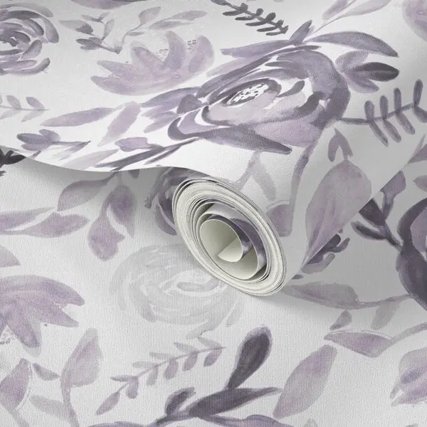 Spoonflower Soft Gray Purple Watercolor Peony Botanical Garden Custom Pre-pasted Wallpaper - Purple,white,gray