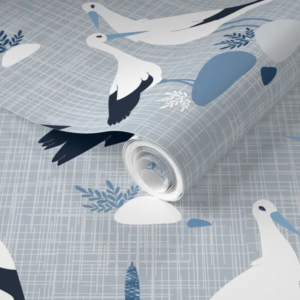 Spoonflower Blue Nature Grey Birds Elegant Classic Cranes Custom Removable Wallpaper - Blue,gray,grey