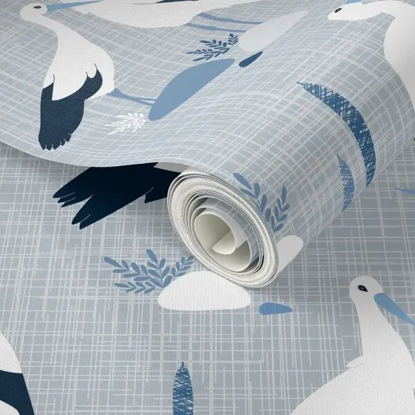 Spoonflower Blue Nature Grey Birds Elegant Classic Cranes Custom Pre-pasted Wallpaper - Blue,gray,grey