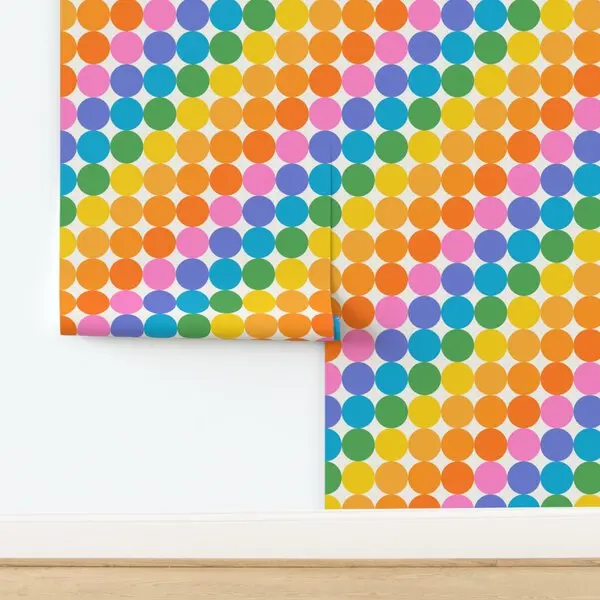 Spoonflower Dots Retro Vintage 80s 70s Nostalgia Custom Pre-pasted Wallpaper - Rainbow