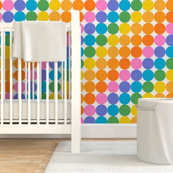 Spoonflower Dots Retro Vintage 80s 70s Nostalgia Custom Pre-pasted Wallpaper - Rainbow