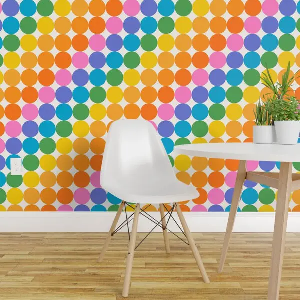 Spoonflower Dots Retro Vintage 80s 70s Nostalgia Custom Pre-pasted Wallpaper - Rainbow
