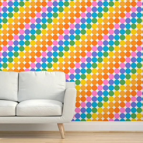 Spoonflower Dots Retro Vintage 80s 70s Nostalgia Custom Pre-pasted Wallpaper - Rainbow