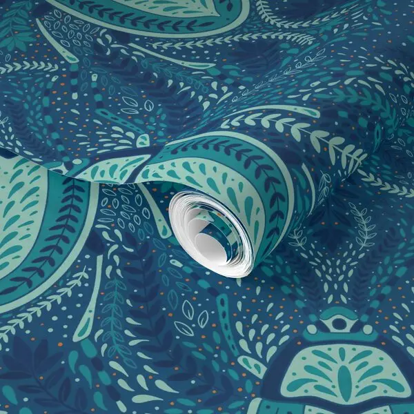 Spoonflower Bug Damask Teal Aqua Blue Insect Nature Elegant Custom Removable Wallpaper - Blue,green