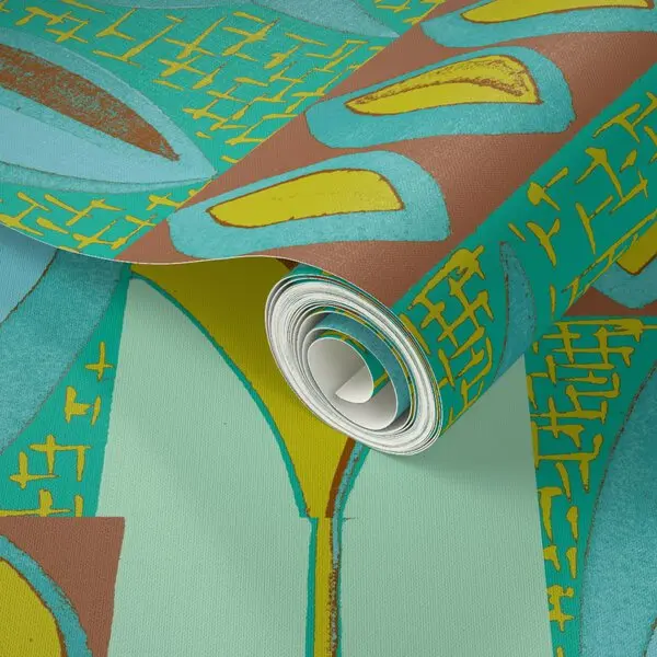 Spoonflower Blue Brown Retro Mid Century Modern Tiki Mod Traditional Wallpaper - Green,teal,yellow