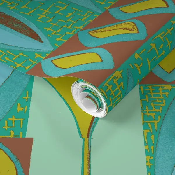 Spoonflower Blue Brown Retro Mid Century Modern Tiki Mod Traditional Wallpaper - Green,teal,yellow