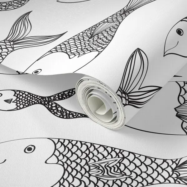 Spoonflower Doodle Fish Black White School Line Drawing Sketch Custom Removable Wallpaper - White,black,gray