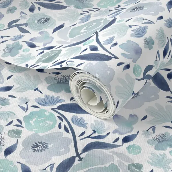 Spoonflower Blue Rose Watercolor Florals Floral Flowers Custom Removable Wallpaper - Blue,white