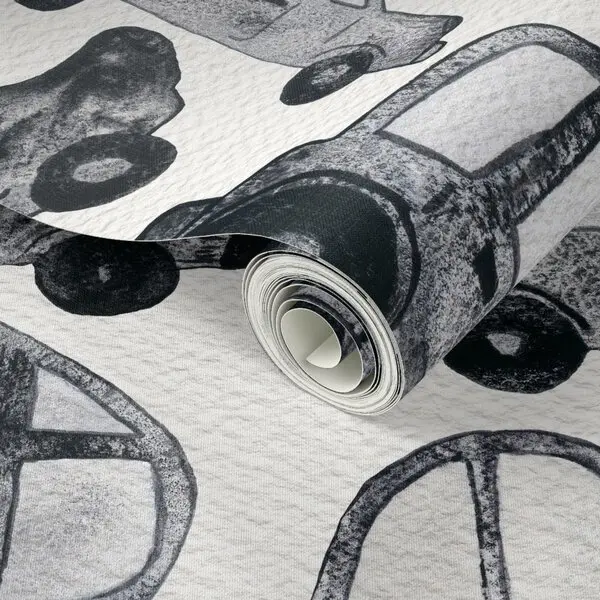 Spoonflower Monochrome White Cars Trucks Autos Vehicles Custom Pre-pasted Wallpaper - Black