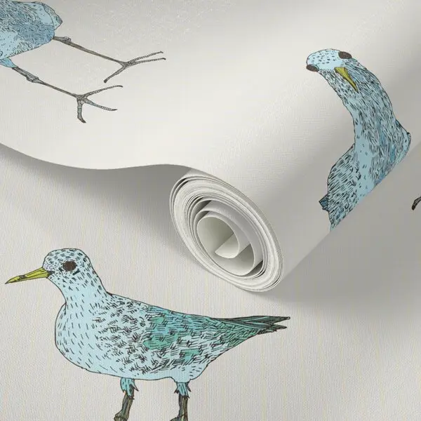 Spoonflower Blue Birds Large Bird Animals Baby Sweet Custom Removable Wallpaper - Gray,sage,green