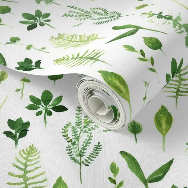 Spoonflower Leaves Watercolor Green Leaf Nature Grass Herb Traditional Wallpaper - Green,white