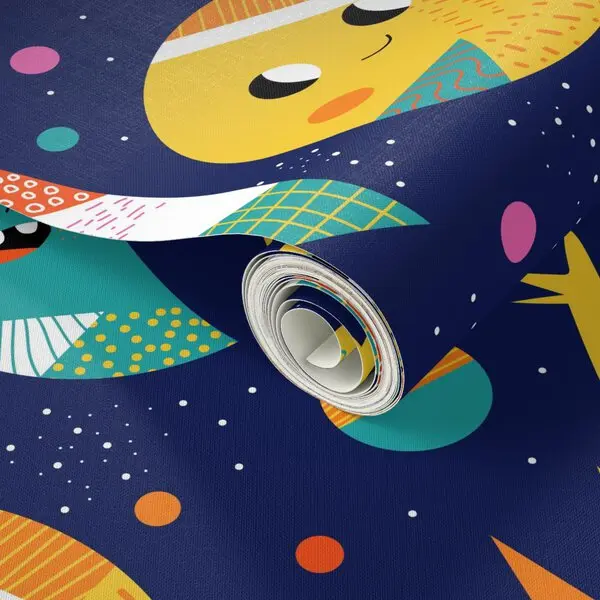 Spoonflower Universe Outerspace Cute Stars Stripes Custom Pre-pasted Wallpaper - Blue
