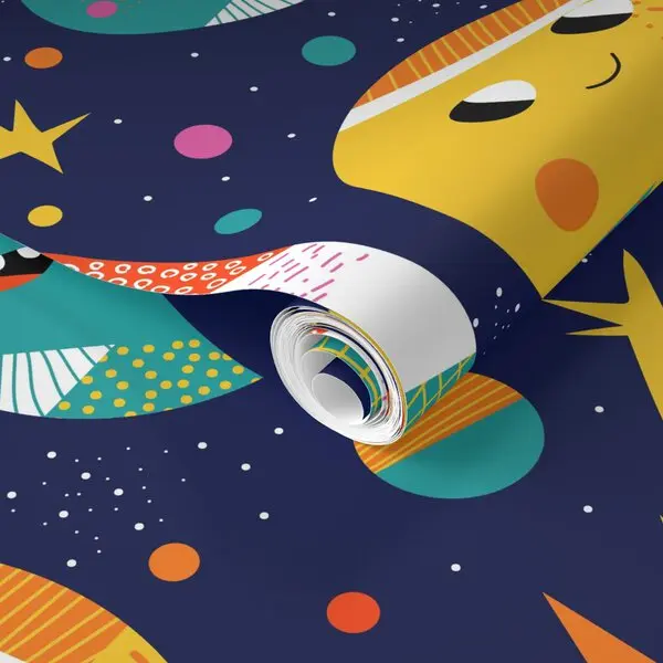 Spoonflower Universe Outerspace Cute Stars Stripes Custom Pre-pasted Wallpaper - Blue