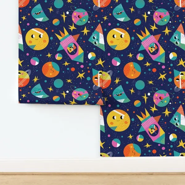 Spoonflower Universe Outerspace Cute Stars Stripes Custom Pre-pasted Wallpaper - Blue