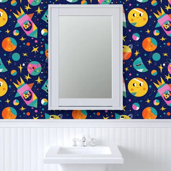 Spoonflower Universe Outerspace Cute Stars Stripes Custom Pre-pasted Wallpaper - Blue