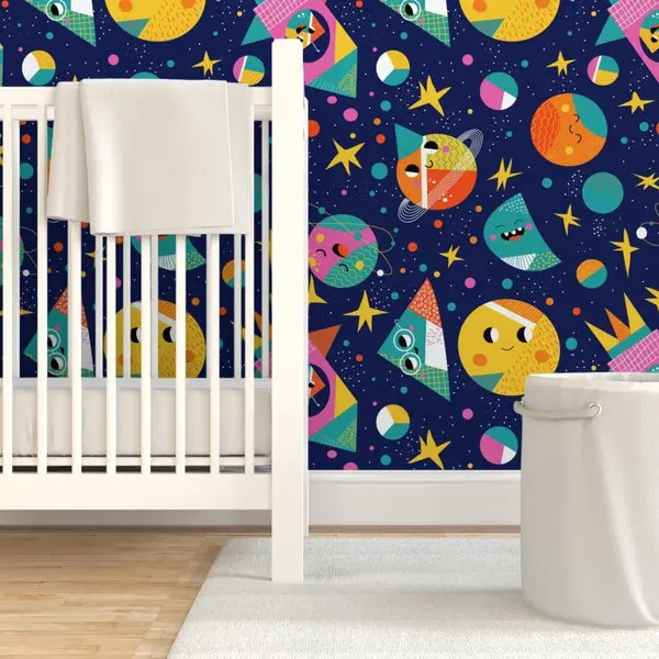 Spoonflower Universe Outerspace Cute Stars Stripes Custom Pre-pasted Wallpaper - Blue