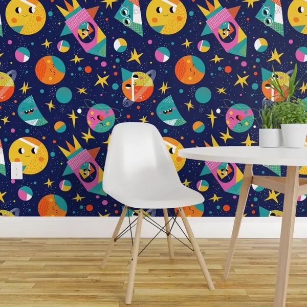Spoonflower Universe Outerspace Cute Stars Stripes Custom Pre-pasted Wallpaper - Blue