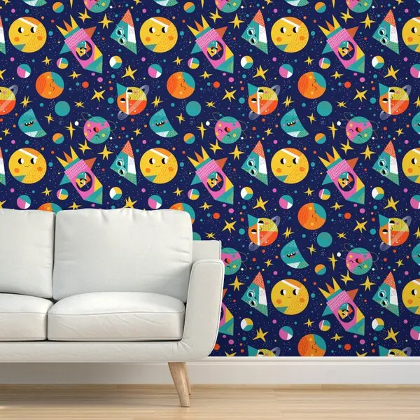 Spoonflower Universe Outerspace Cute Stars Stripes Custom Pre-pasted Wallpaper - Blue