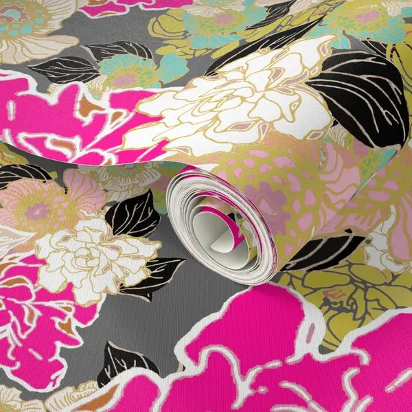 Spoonflower Jungle Passion Mustard Turquoise Pink Black Custom Removable Wallpaper - Blue,pink,beige