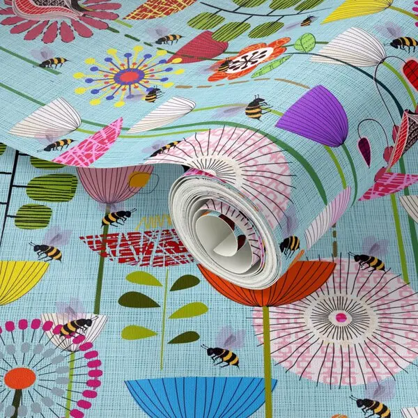 Spoonflower Bees Fly Blue Floral Green Pink Nature Flowers Traditional Wallpaper - Blue,green,pink