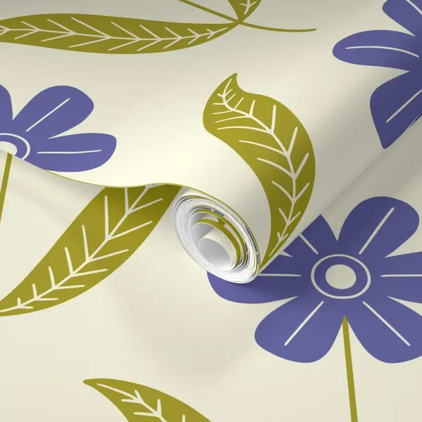 Spoonflower Spring Flowers Periwinkle Purple Light Garden Custom Pre-pasted Wallpaper - Green,purple,beige