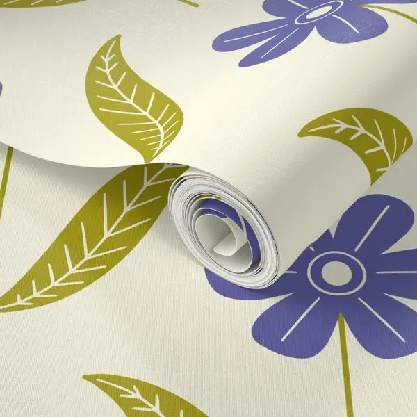 Spoonflower Spring Flowers Periwinkle Purple Light Garden Custom Pre-pasted Wallpaper - Green,purple,beige