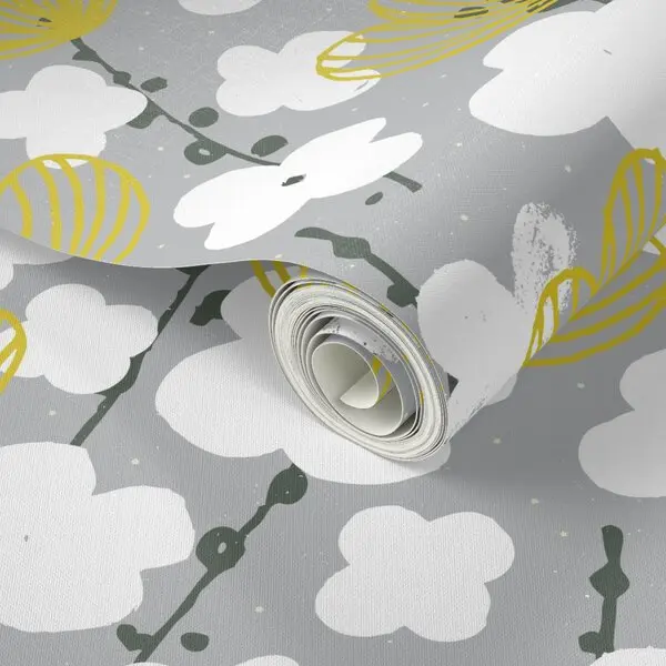 Spoonflower Mod Floral Botanical Garden Japanese Spring Traditional Wallpaper - Gray,yellow,sage
