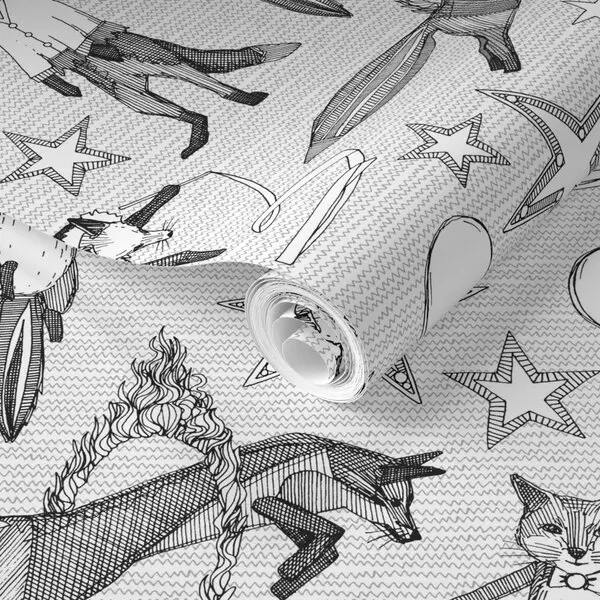 Spoonflower Circus Black White Fox Nursery Retro Woodland Traditional Wallpaper - Black,white,gray