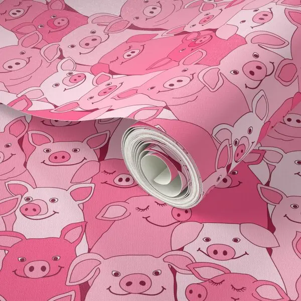 Spoonflower Pigs Barnyard Whimsical Cute Animals Cartoon Custom Pre-pasted Wallpaper - Pink