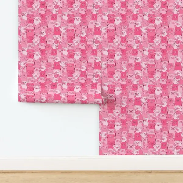 Spoonflower Pigs Barnyard Whimsical Cute Animals Cartoon Custom Pre-pasted Wallpaper - Pink