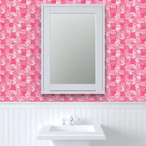 Spoonflower Pigs Barnyard Whimsical Cute Animals Cartoon Custom Pre-pasted Wallpaper - Pink