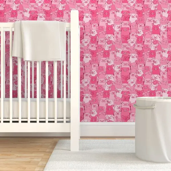 Spoonflower Pigs Barnyard Whimsical Cute Animals Cartoon Custom Pre-pasted Wallpaper - Pink