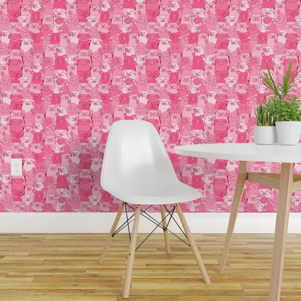Spoonflower Pigs Barnyard Whimsical Cute Animals Cartoon Custom Pre-pasted Wallpaper - Pink
