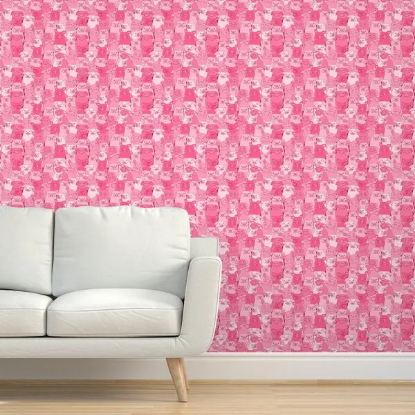 Spoonflower Pigs Barnyard Whimsical Cute Animals Cartoon Custom Pre-pasted Wallpaper - Pink