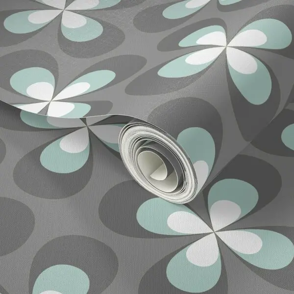 Spoonflower Butterfly Flowers Soft Mod Custom Removable Wallpaper - Gray,mint,teal