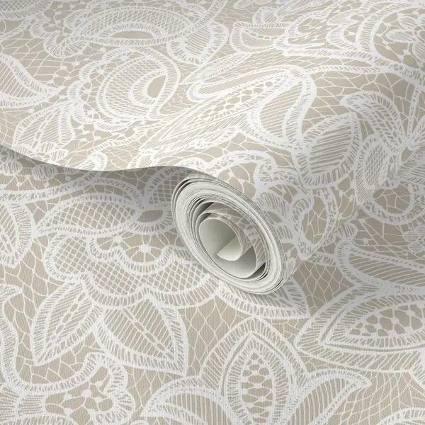 Spoonflower Lace Tan Traditional Wallpaper - Tan,white,gray