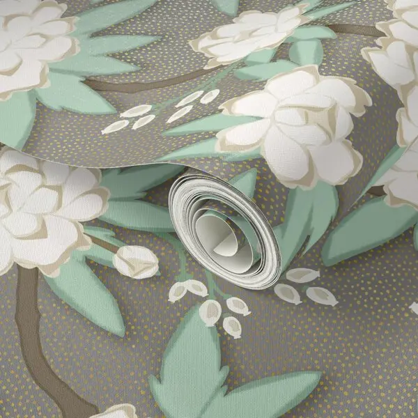 Spoonflower White Gray Peonies Chinoiserie Mint Modern Nursery Traditional Wallpaper - Gray,white,green