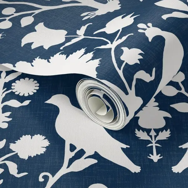 Spoonflower Floral Birds Navy Traditional Wallpaper - Blue,beige,navy