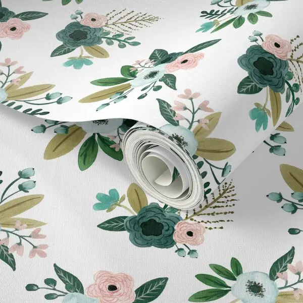 Spoonflower Floral Painted Minimalist Flora Flower Traditional Wallpaper - Green,pink,gray