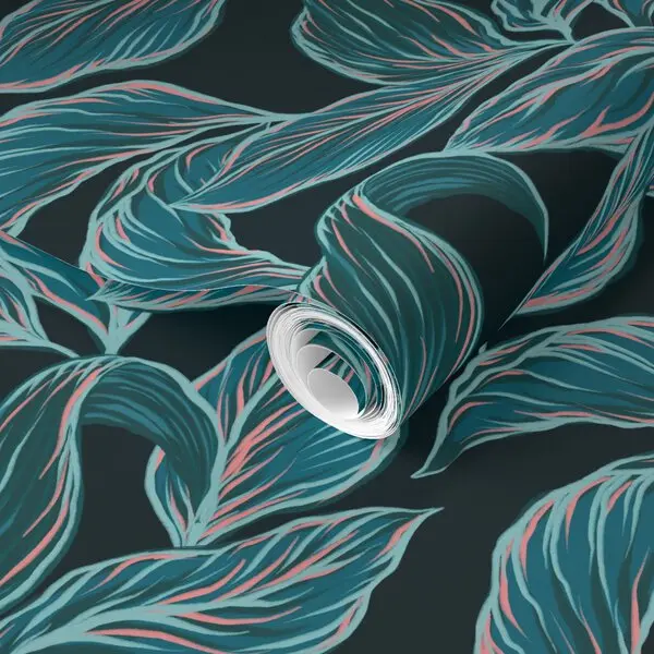 Spoonflower Blue Tropical Leaves Navy Large Leaf Custom Pre-pasted Wallpaper - Blue,navy