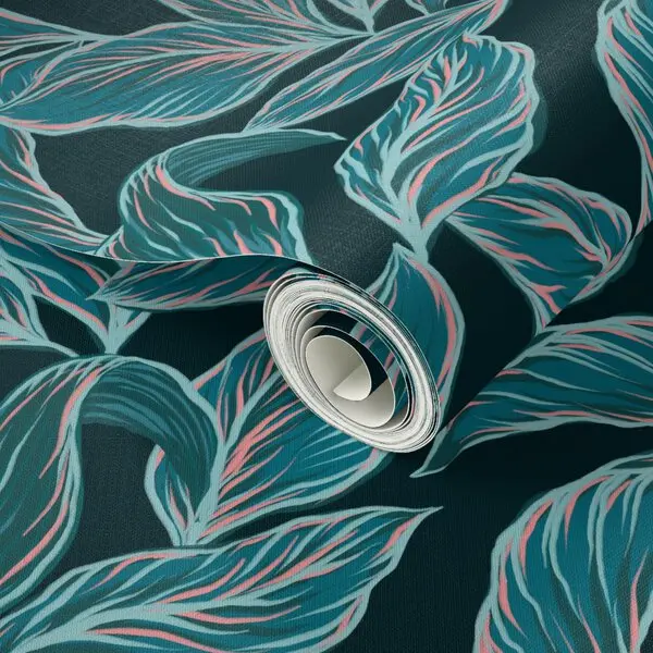 Spoonflower Blue Tropical Leaves Navy Large Leaf Custom Pre-pasted Wallpaper - Blue,navy