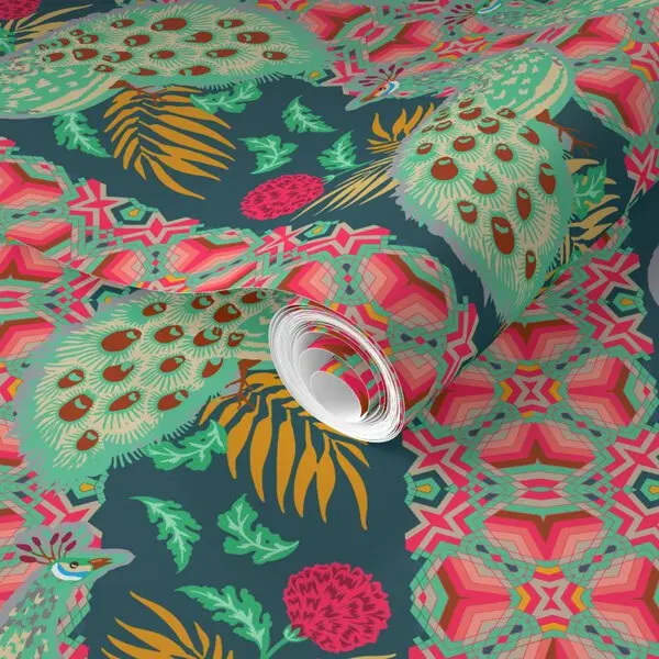 Spoonflower Bird Flower Floral Peacock Garden Traditional Wallpaper - Green,red,blue
