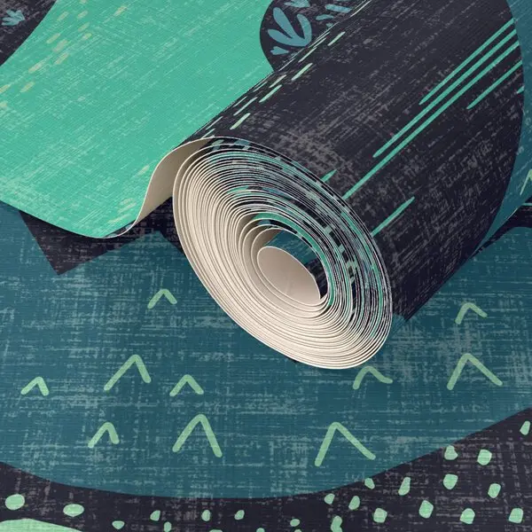 Spoonflower Bikes Mountain Cycling Abstract Landscape Blue 100% Natural Sisal Grasscloth Wallcovering - Blue,turquoise