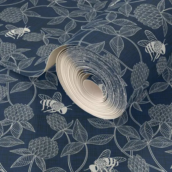 Spoonflower Bees Love Clover White Botanical Summer 100% Natural Sisal Grasscloth Wallcovering - Blue