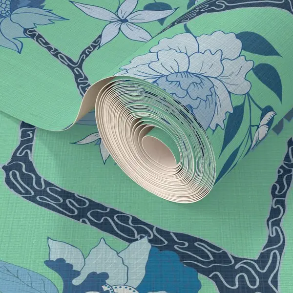 Spoonflower Aqua Chinoiserie Peony Blues Jade Floral 100% Natural Sisal Grasscloth Wallcovering - Green
