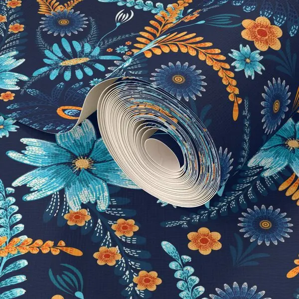 Spoonflower Artistic Blue Bright Flowers Floral Orange Modern 100% Natural Sisal Grasscloth Wallcovering - Blue,orange,brown