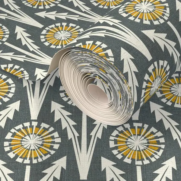 Spoonflower Block Print Gray Blue Flower Vintage Dandelion 100% Natural Sisal Grasscloth Wallcovering - Blue,beige,gray