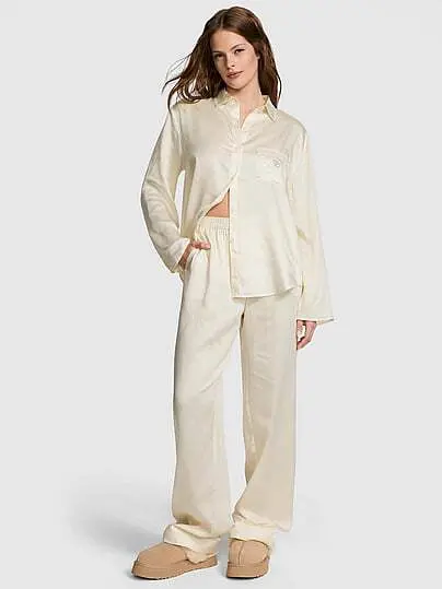 Pink Silky Sleep Shine Long Pajama Set - Beige